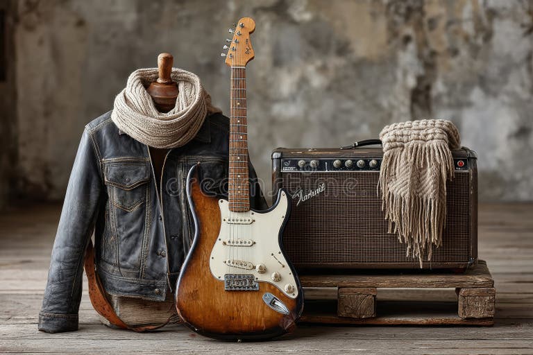 Vintage Electric Guitar with Denim Jacket and Amplifier in Rustic ...