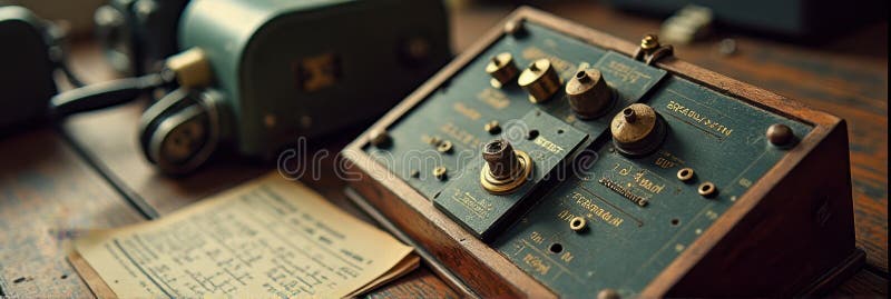 Vintage Electrical Equipment with Printed Diagram on Wooden Table Stock ...