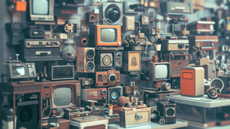 Vintage Electronics Collection with Retro Televisions and Radios Stock ...