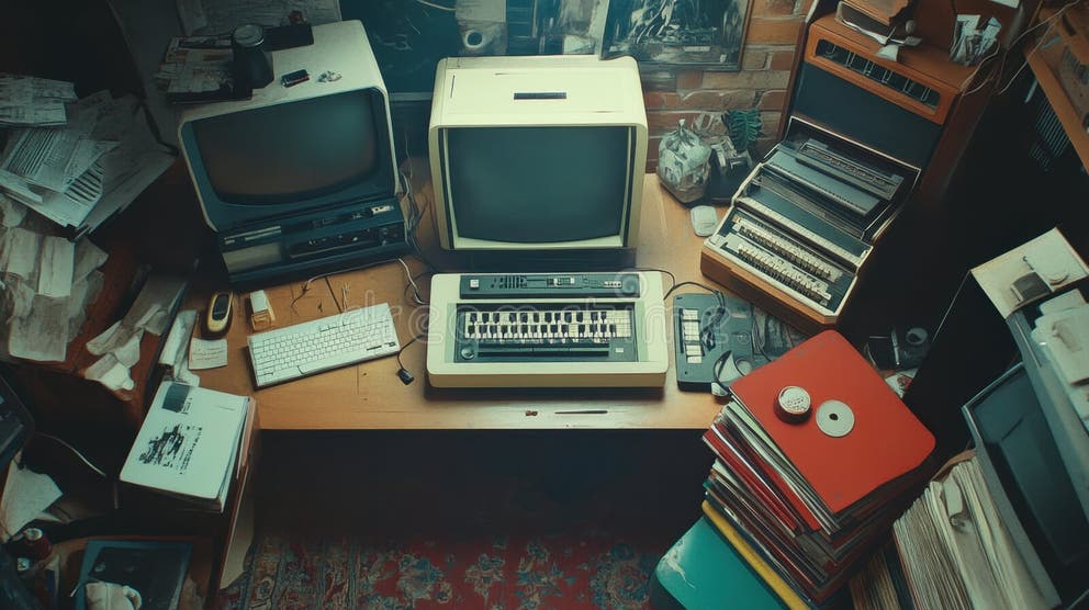 Vintage Electronics Collection in Retro Workspace Setup Stock ...
