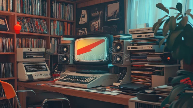 Vintage Electronics Collection in Retro Workspace Setup Stock ...