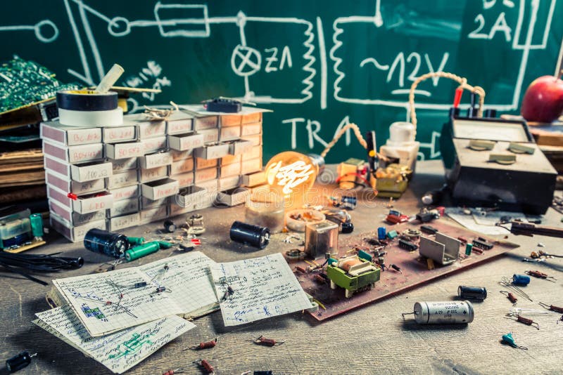 Vintage Electronics Workplace in Laboratory Stock Photo - Image of ...