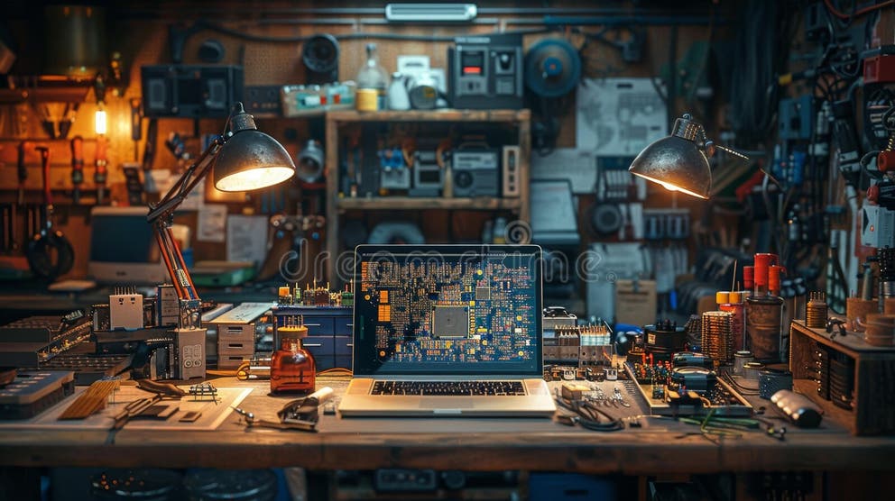 Vintage Electronics Workshop with Laptop and Tools - Generative AI ...