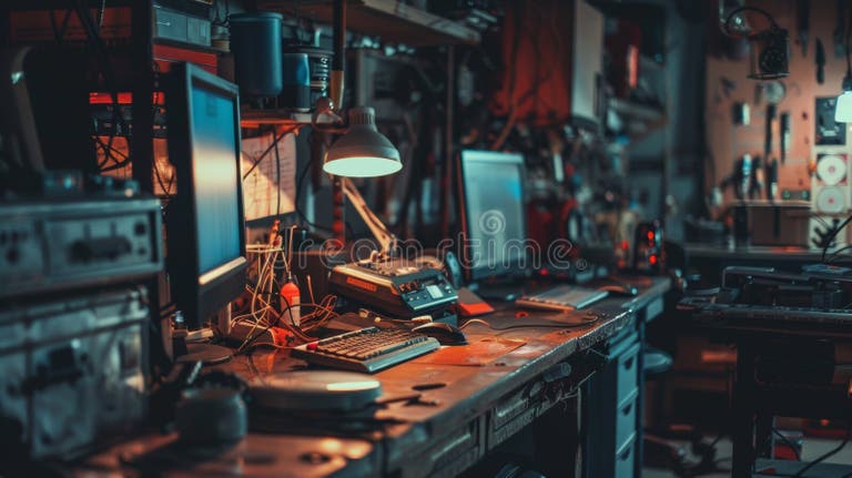 Vintage Electronics Workshop with Tools and Computers Stock Photo ...