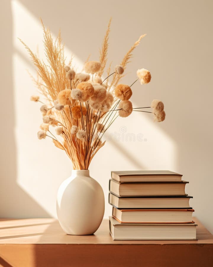 Vintage Elegance: Exquisite Vase of Dried Flowers Poised on a Pile of ... Vintage Elegance: Exquisite Vase of Dried Flowers Poised on a Pile of ...