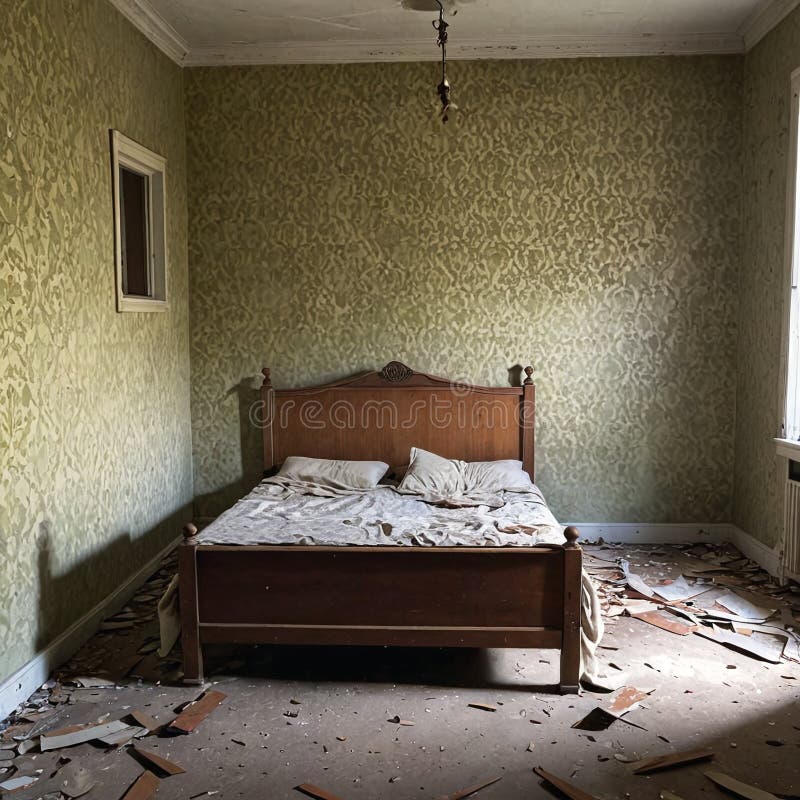 Vintage Elegance Torn Wallpaper and Weathered Bed Frame in Muted Tones ...