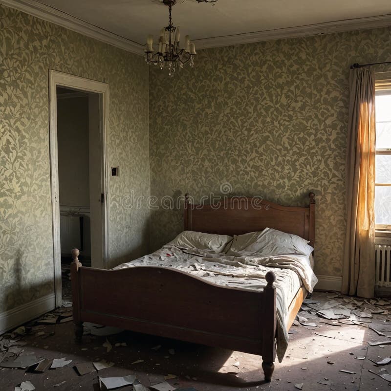 Vintage Elegance Torn Wallpaper and Weathered Bed Frame in Muted Tones ...