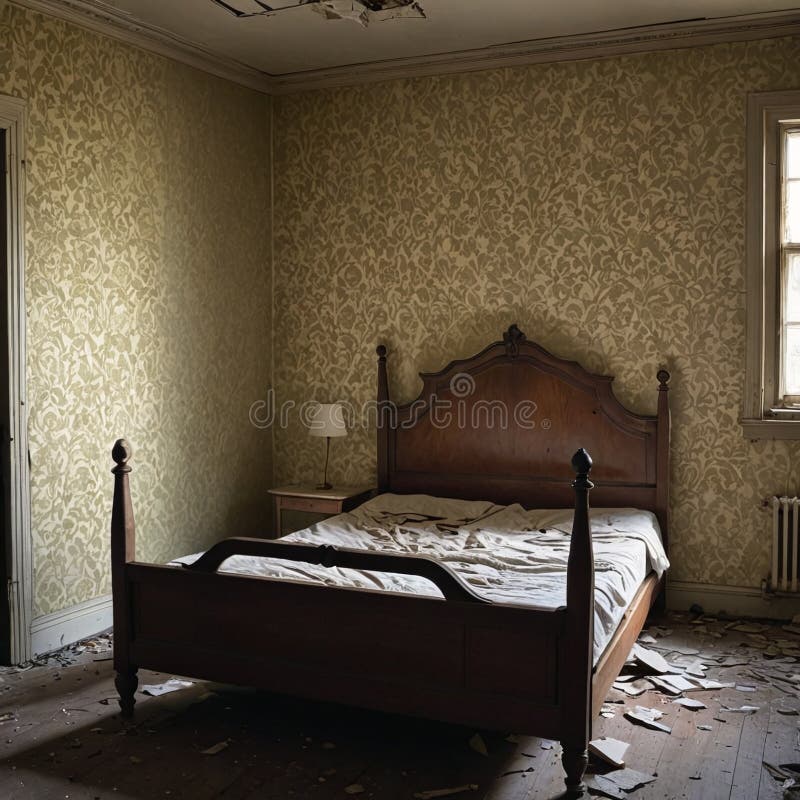 Vintage Elegance Torn Wallpaper and Weathered Bed Frame in Muted Tones ...