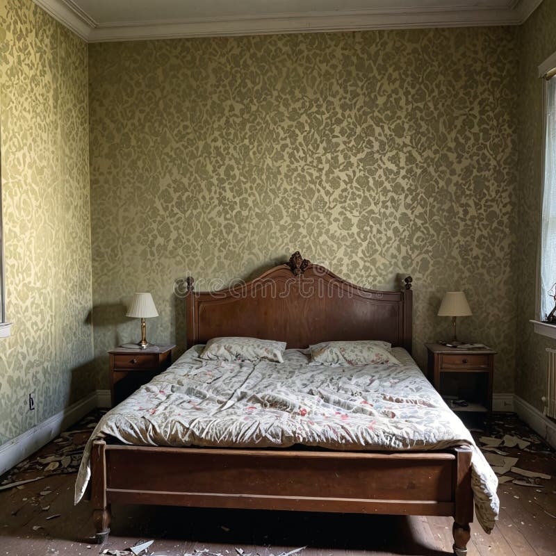 Vintage Elegance Torn Wallpaper and Weathered Bed Frame in Muted Tones ...