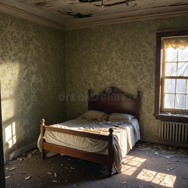 Vintage Elegance Torn Wallpaper and Weathered Bed Frame in Muted Tones ...