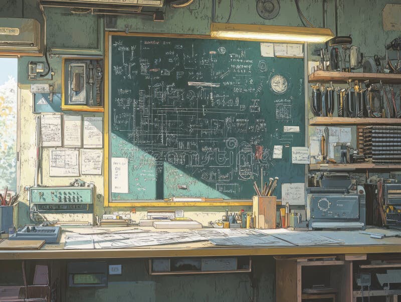 Vintage Engineering Workspace with Blueprints and Chalkboard Sketches ...