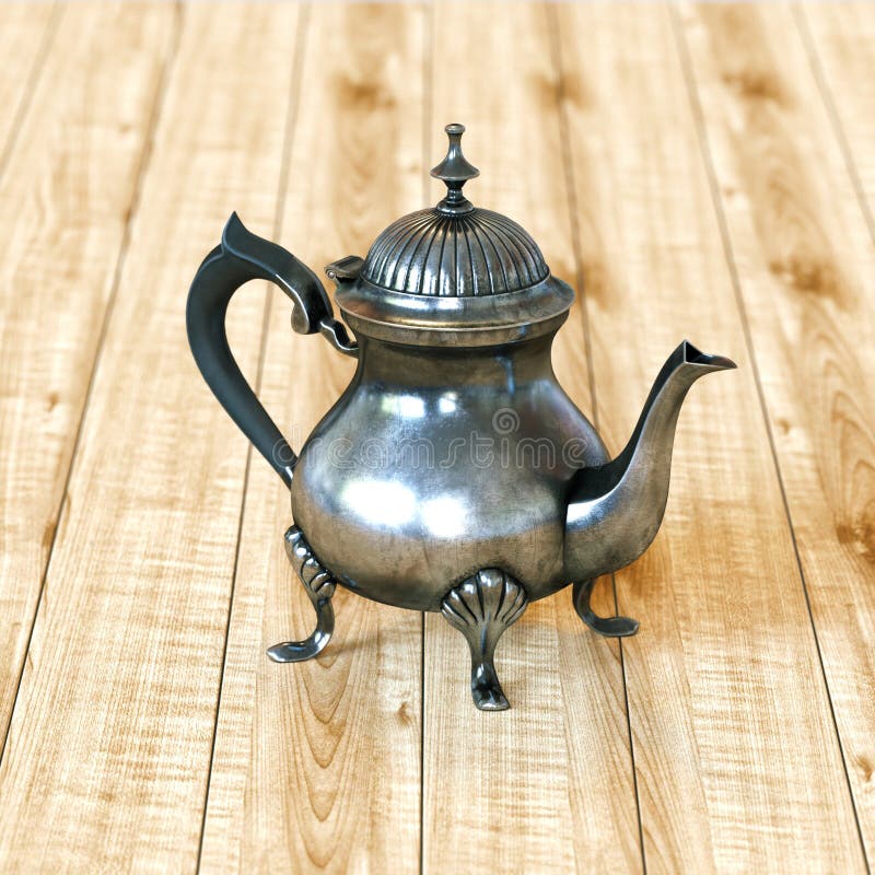 Vintage English Style Coffee Pot On Hardwood Table . 3D Render Stock ...