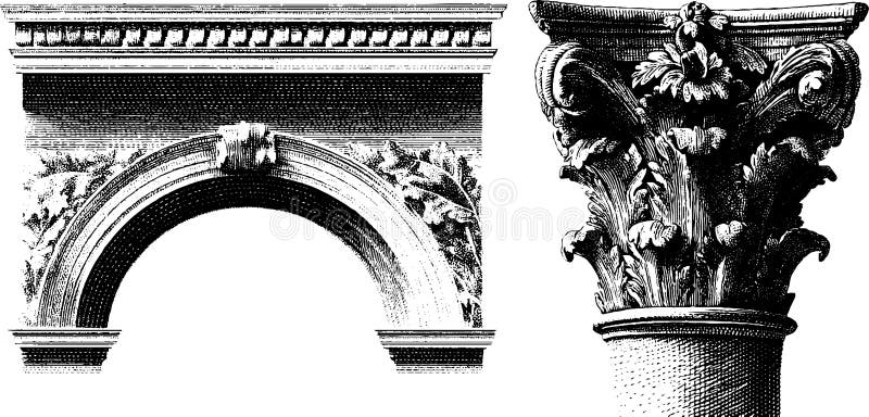 Engraved Architectural Elements Featuring Triumphal Arch and Corinthian Column Illustrations ...