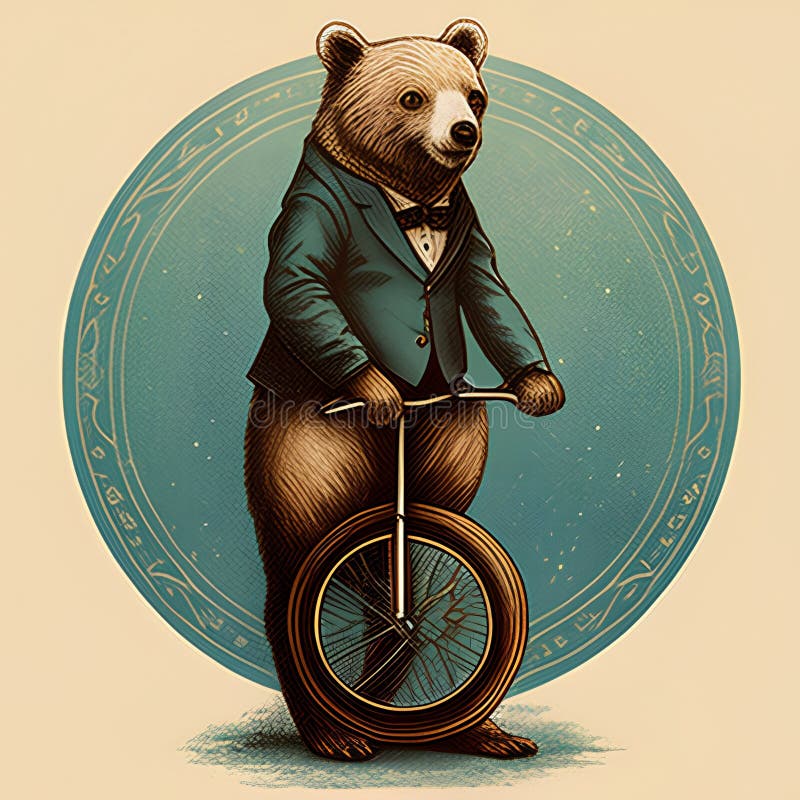 Vintage Engraving of a Bear Riding a Unicycle. Stock Illustration ...