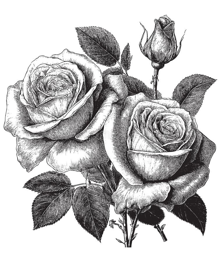 Vintage Engraving of Bouquet of Roses Stock Vector - Illustration of ...
