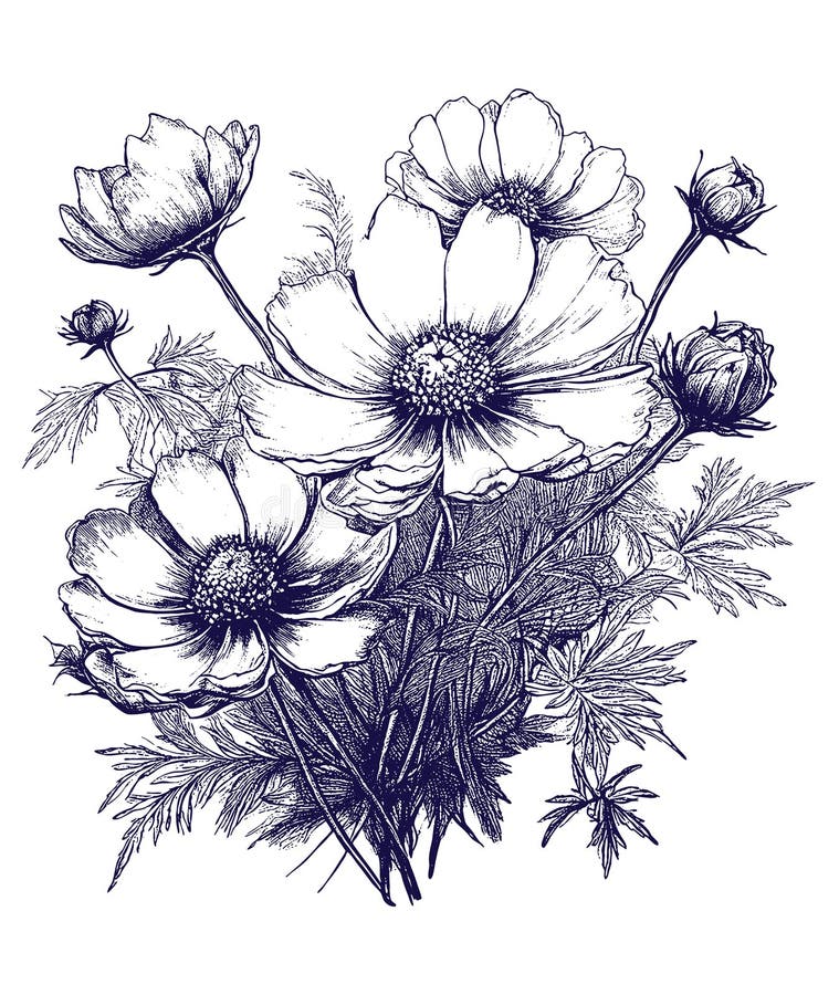 Vintage Engraving of Bunch of Cosmos Flowers Stock Vector ...