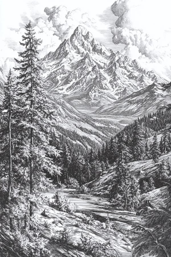 Vintage Engraving with a Panoramic View of Majestic Mountains and ...