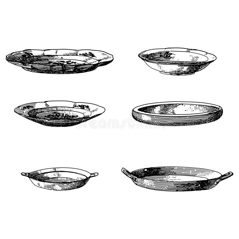 Vintage Engraving Set of Plates and Pots Stock Vector - Illustration of ...