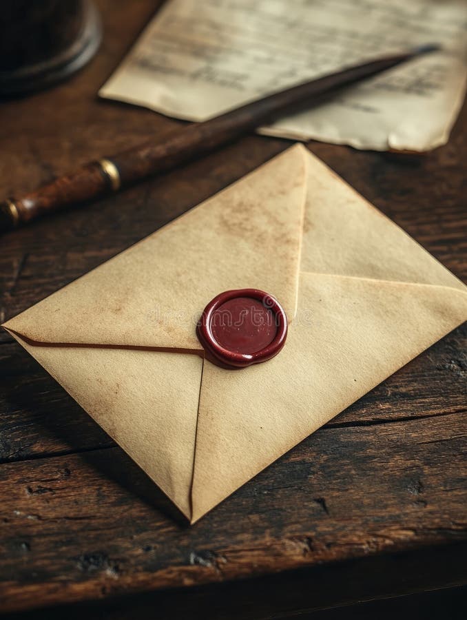 Vintage Envelope Sealed with Wax on Wooden Table Stock Image - Image of ...