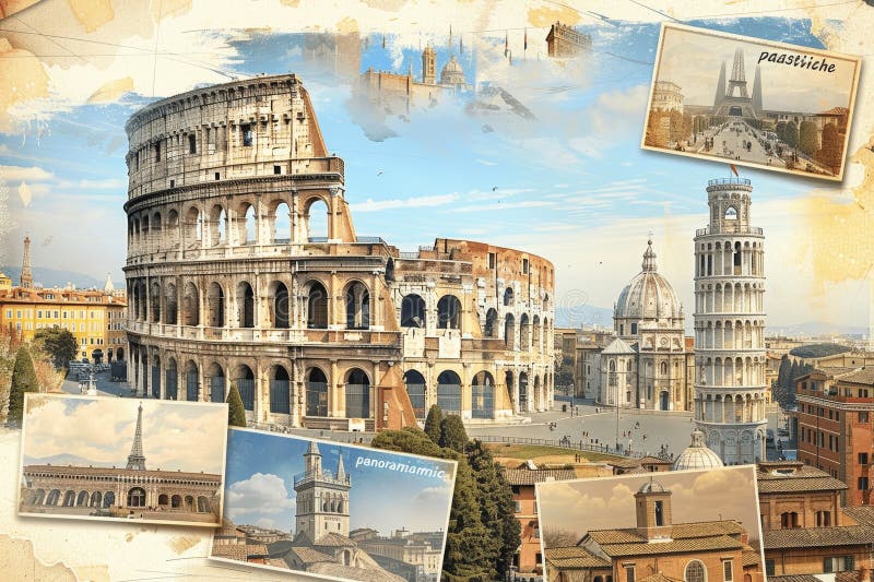 Vintage European Landmarks Collage on Postcards Stock Illustration ...