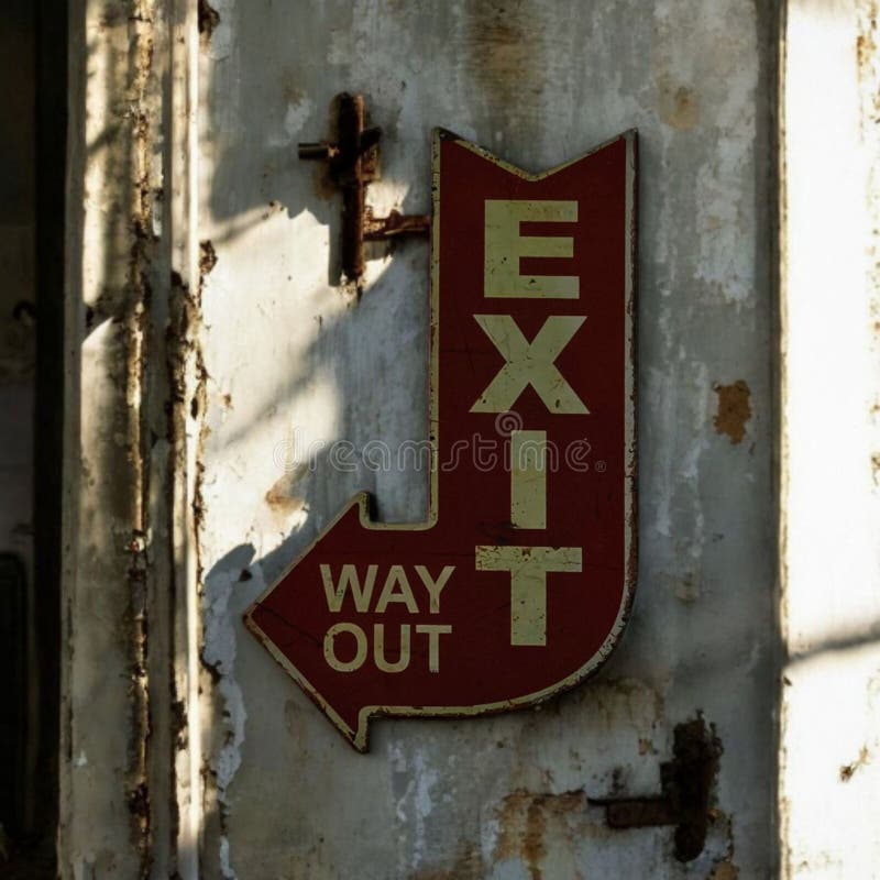 Vintage Exit Sign with WAY OUT Displayed on a Weathered Industrial Wall ...