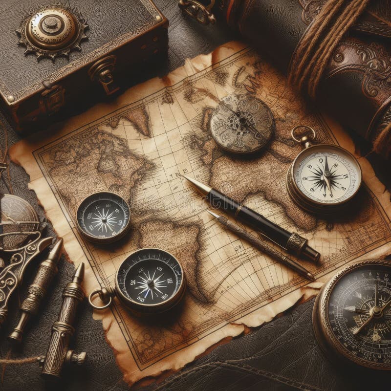 Vintage Exploration Map and Tools Stock Photo - Image of retro ...