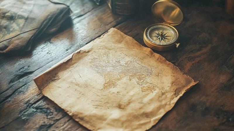Vintage Exploration Theme with Antique Paper Map and Compass on Rustic ...