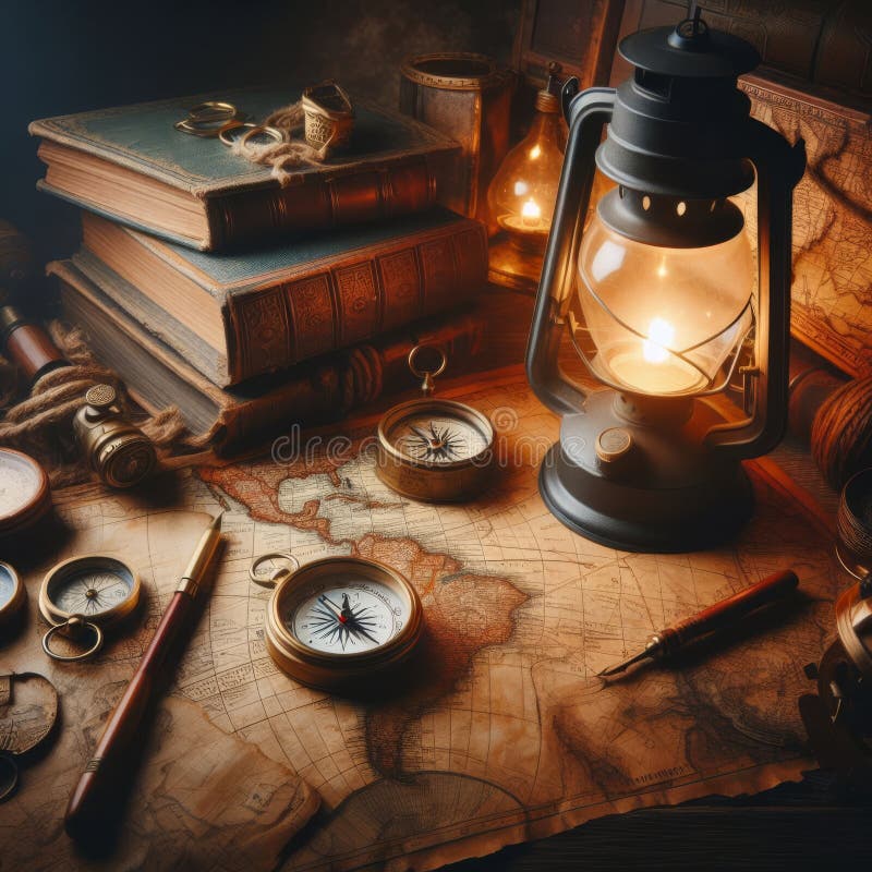 Vintage Exploration Theme with Lantern and Compass Stock Image - Image ...