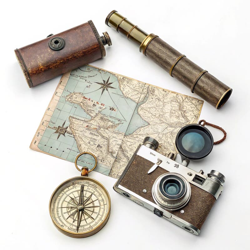 Vintage Exploration Tools Isolated on White Background Stock ...