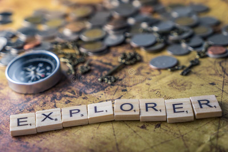 Vintage Explorer Concept on World Map with Compass and Coins Stock ...