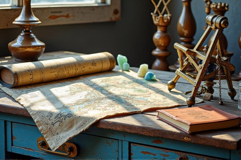 Vintage Explorer S Study Room with Antique Map. Resplendent. Stock ...