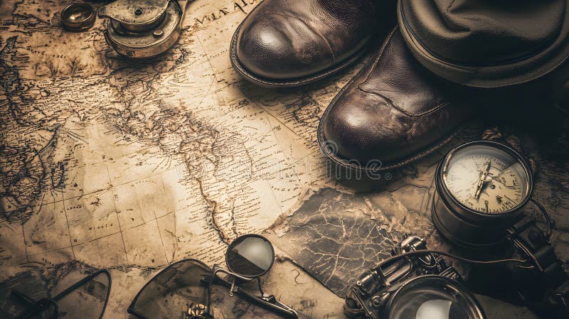 Vintage Explorer S Shoes and Equipment on a Map Stock Illustration ...