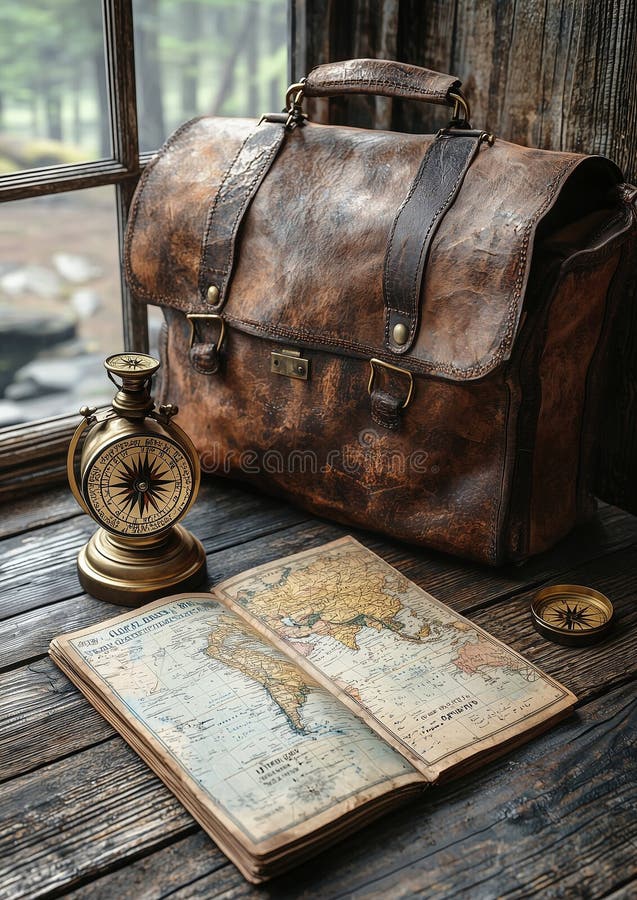 Vintage Explorer Set with Antique Map and Leather Bag Stock ...