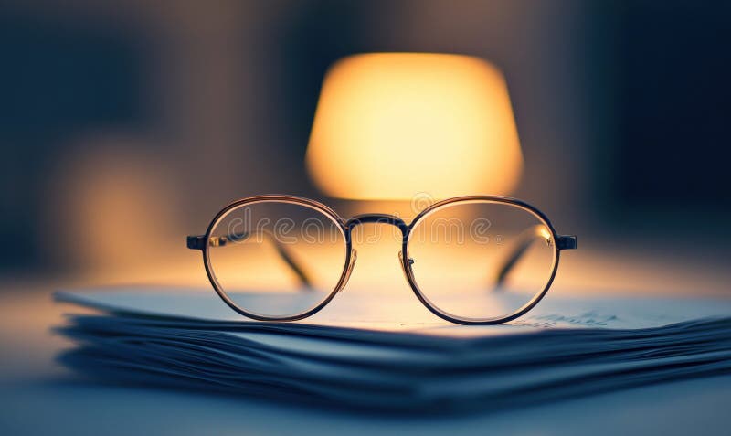 Vintage Eyeglasses are Displayed on a Stack of Papers, Under the Gentle ...
