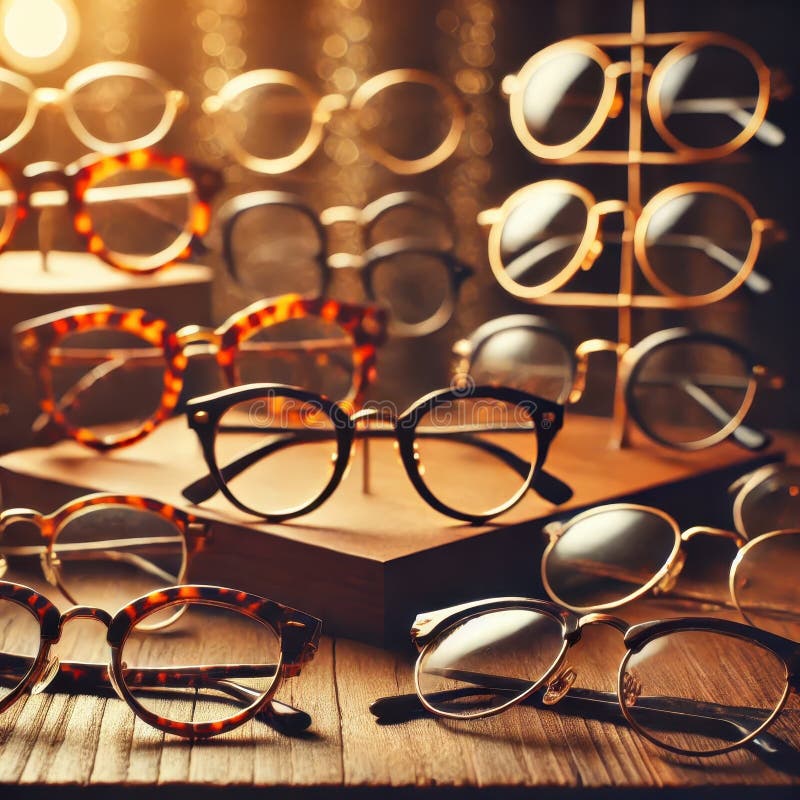 Vintage Eye Wear Collection Displayed on a Wooden Surface with Warm Lighting Stock Illustration ...
