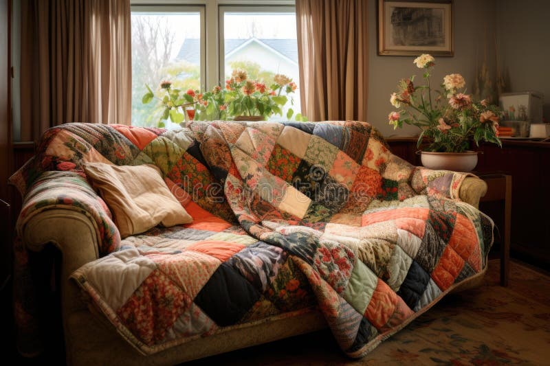 Vintage Fabric Patchwork Quilt Draped on Sofa Stock Illustration - Illustration of textile, sofa ...