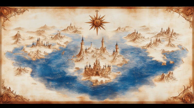 Vintage Fantasy Map with Medieval Castles and Ocean Stock Illustration ...