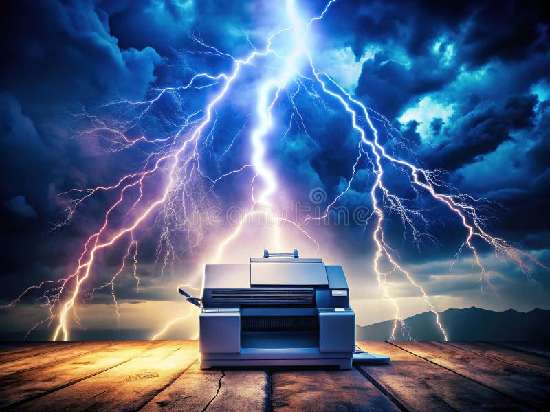 Vintage Fax Machine with Lightning Double Exposure a Surreal Blend of ...