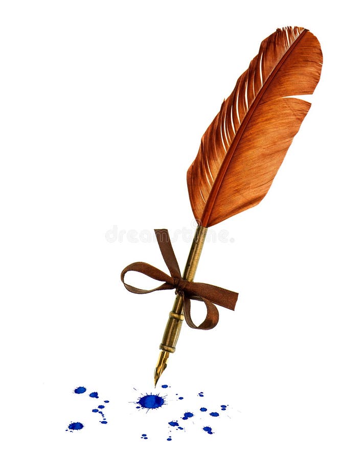Vintage Feather Pen with Blue Ink Stains Isolated on White Stock Image ...
