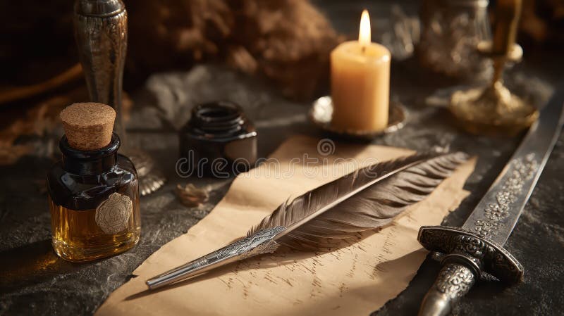 Vintage Feather Pen and Ink Bottle on Table Stock Image - Image of ...