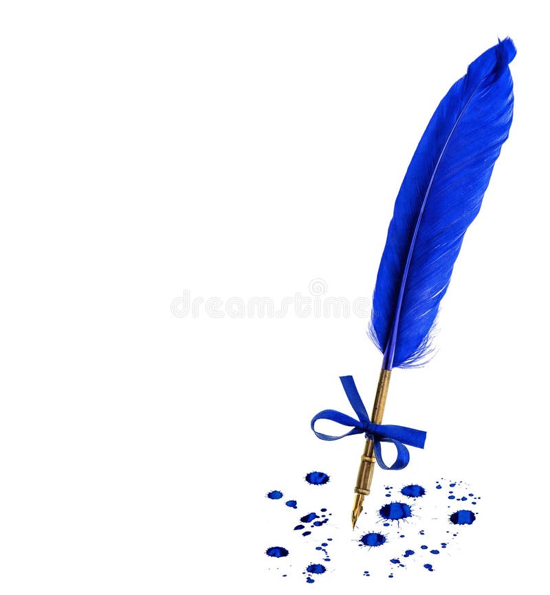 Vintage Feather Pen with Blue Ink Stains Isolated on White Stock Image ...