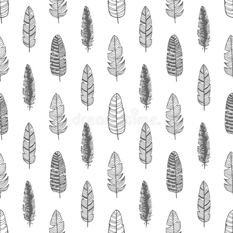 Vintage Feather Seamless Background. Hand Drawn Illustration Pattern ...