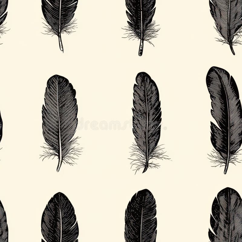 Vintage Feather Sketch Pattern on Light Background for Elegant Textile ...