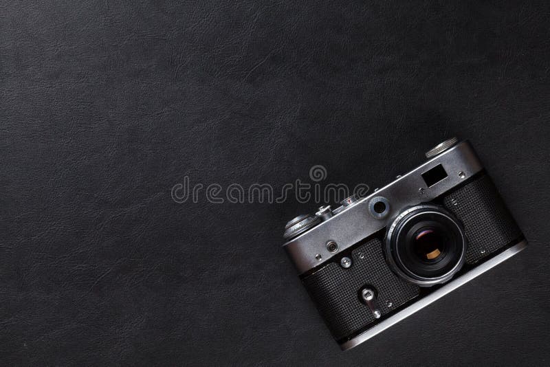 Vintage Film Camera Over Leather Desk Table Stock Photo - Image of desk ...