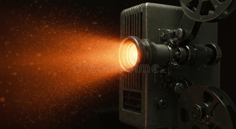Vintage Film Projector Emitting a Bright Orange Light in a Dark ...