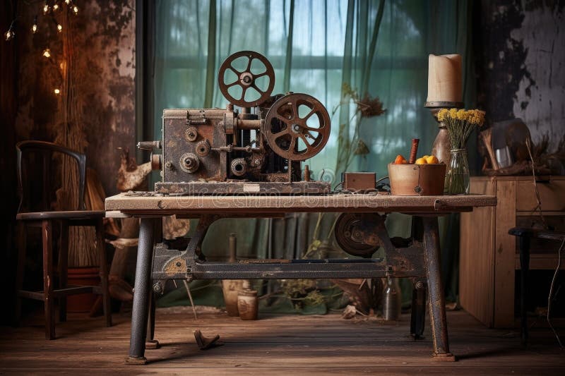 Vintage Film Projector on Rustic Wooden Table Stock Illustration ...