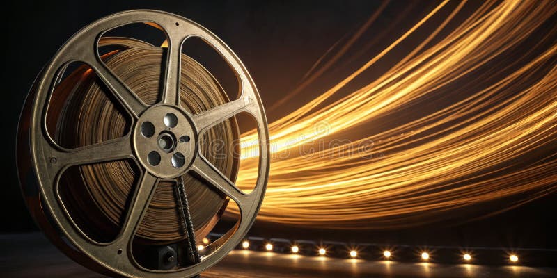Vintage Film Reel with Illuminated Light Trails Creating a Dynamic ...