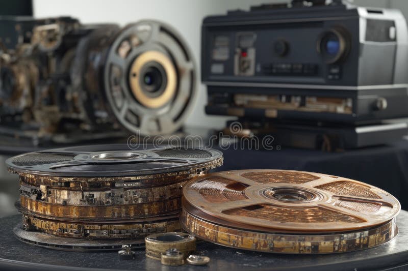 Vintage Film Reels and Projector Stock Illustration - Illustration of ...