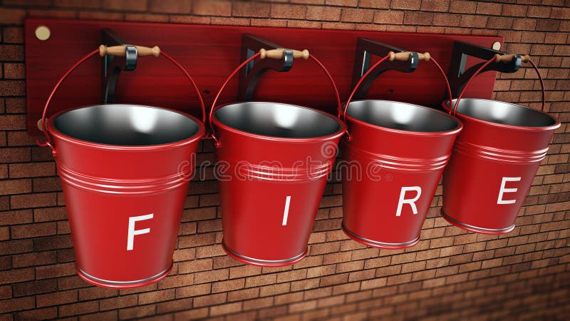 Vintage Fire Buckets Hanging on the Wall. 3D Illustration Stock ...