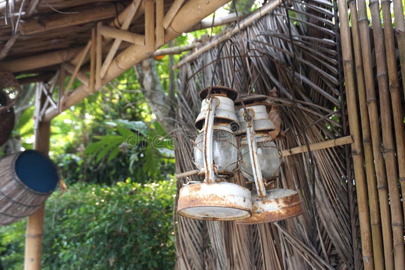 Vintage Fire Lamp Hanging with Dried Leaves Background Stock Photo ...